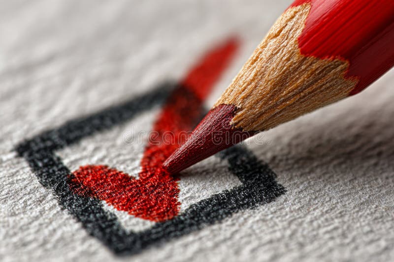 Red Pencil is Drawing a Check Mark in a Checkbox on White Paper Stock ...