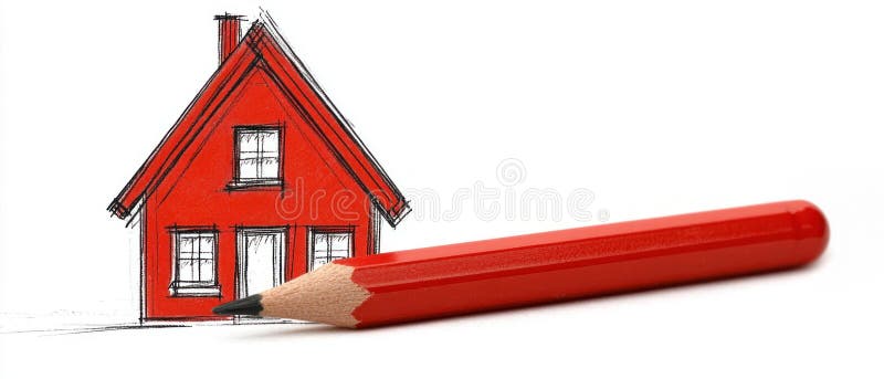 Red Pencil Drawing of a Red House on White Background Stock ...