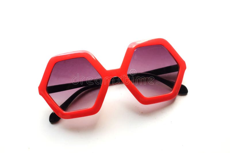 Close Up a Red Pentagon Shape Sunglasses Isolate on a White Background ...