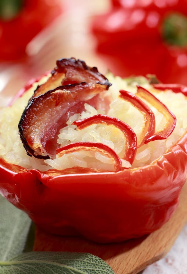 Red Pepper with Bacon and Rice Stuffing Stock Image - Image of detail ...