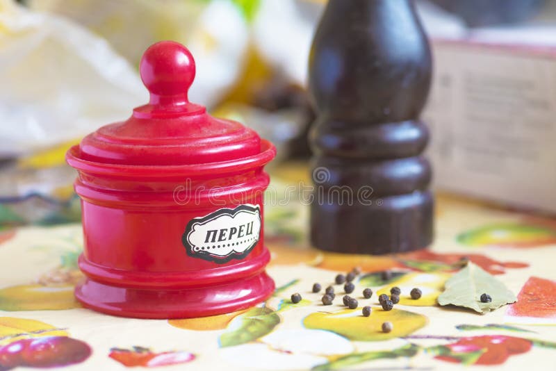 Red Pepper Container on the Kitchen Table Stock Photo - Image of spices ...