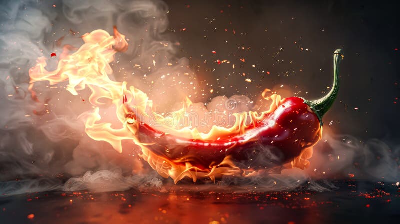 A Red Pepper is on Fire and Surrounded by Red Pepper Flakes. Stock ...