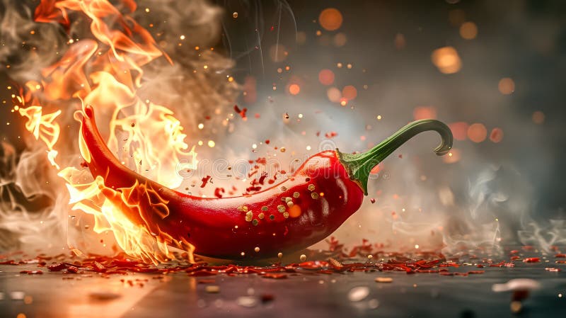 A Red Pepper is on Fire and Surrounded by Red Pepper Flakes Stock Photo ...