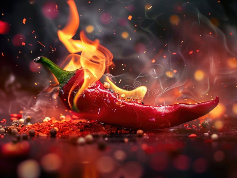 A Red Pepper is on Fire and Surrounded by Spices Stock Image - Image of ...