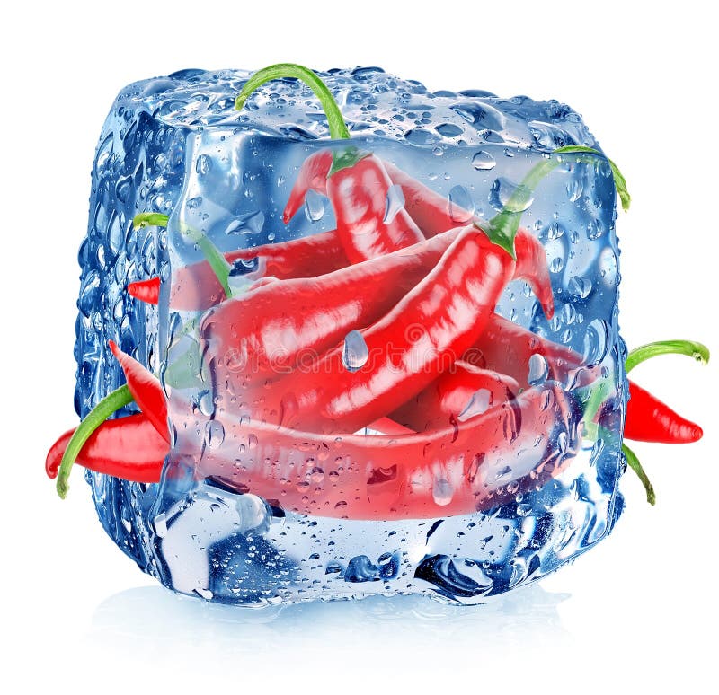 Ice cube and chili peppers stock photo. Image of glass - 28050622