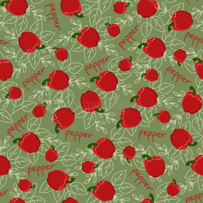 Red Pepper with Leaves on the Background Vector Pattern Stock ...
