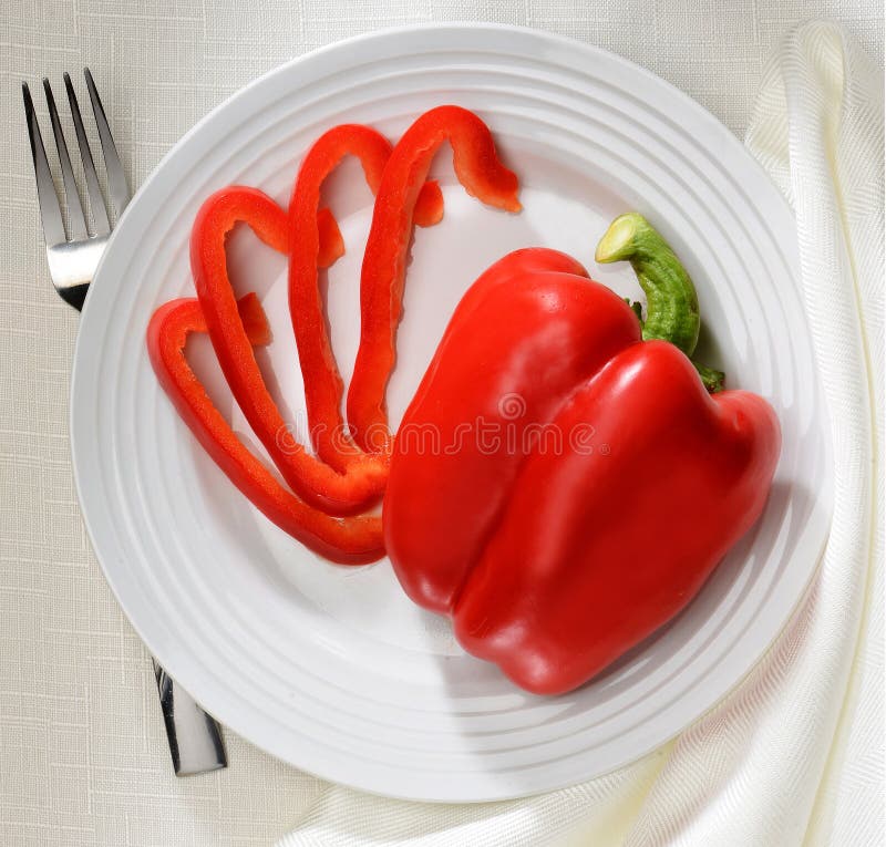 Red Pepper on Plate with Fork Stock Image - Image of food, dinner ...
