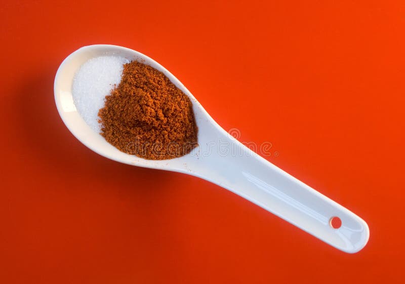 Red Pepper and Salt in White Spoon Stock Image - Image of macro, cumin ...
