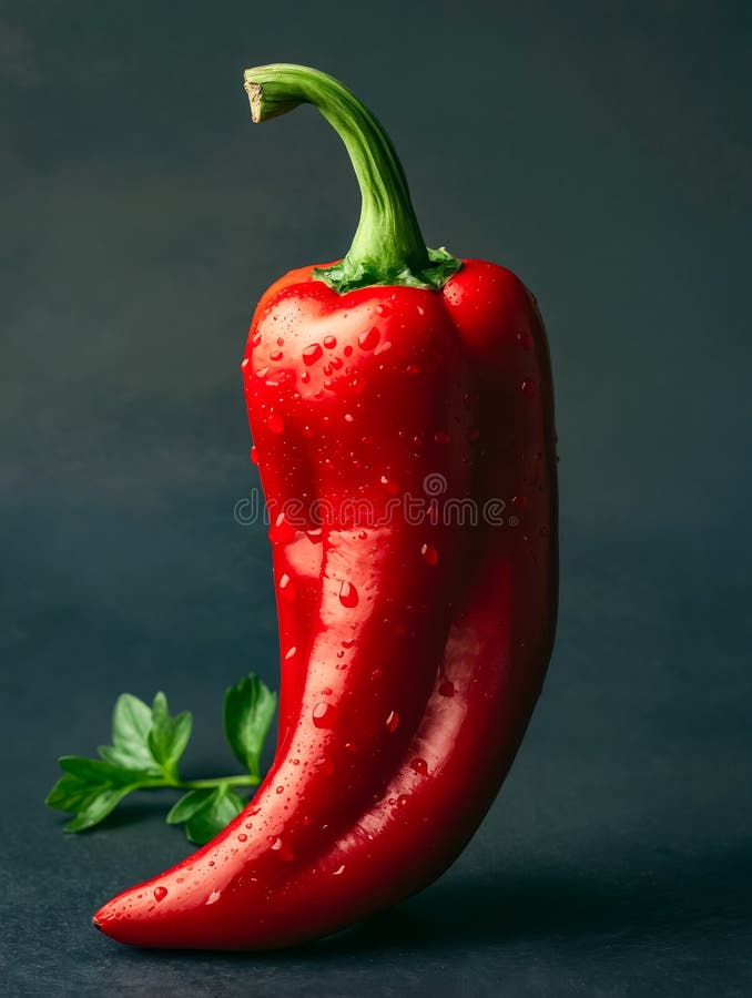 A Red Pepper is Sitting on a Dark Surface with a Leafy Green Stem ...