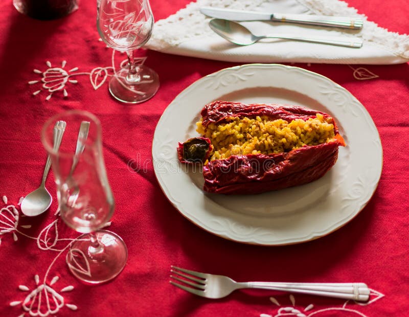 Red Pepper Stuffed with Rice and Meat in Luxury Cutlery Stock Image ...