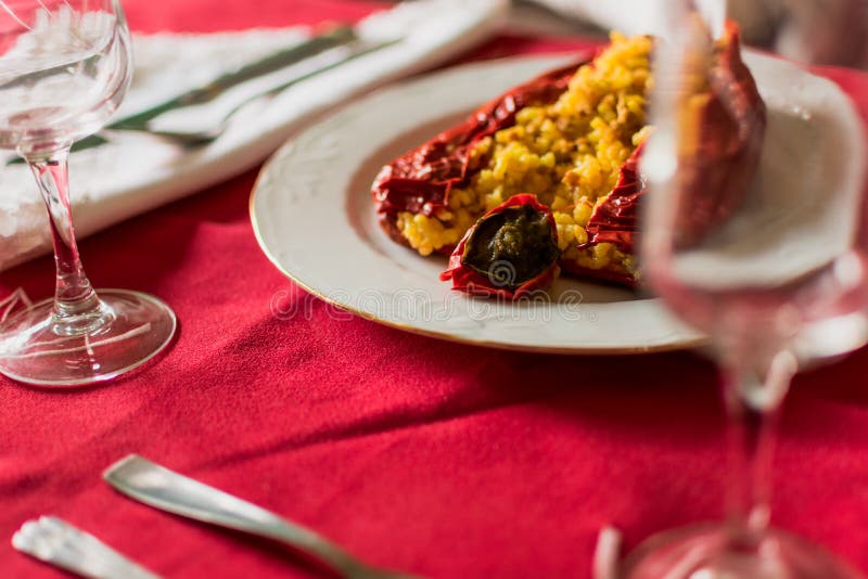Red Pepper Stuffed with Rice and Meat in Luxury Cutlery Stock Photo ...