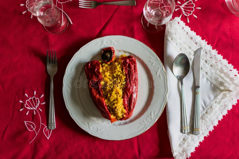 Red Pepper Stuffed with Rice and Meat in Luxury Cutlery Stock Image ...