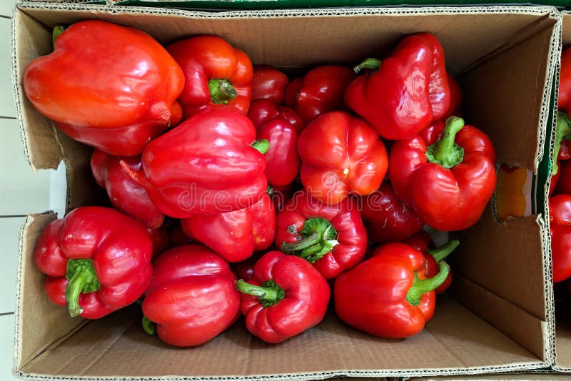 Red Peppers in Box, Background Stock Photo - Image of background, shop ...