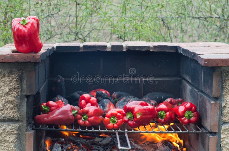 Red Peppers Roasting on the Barbecue Stock Image - Image of paprika ...