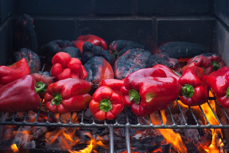Red Peppers Roasting on the Barbecue Stock Image - Image of paprika ...