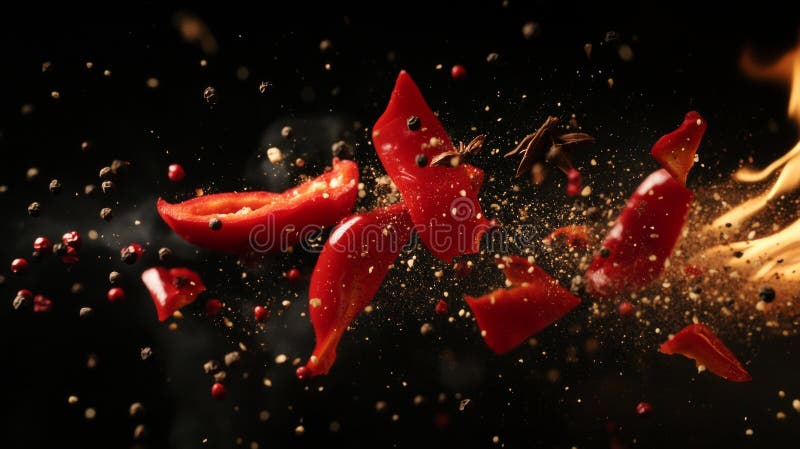 Red Peppers and Spices Exploding with Flavor in Dynamic Motion Stock ...