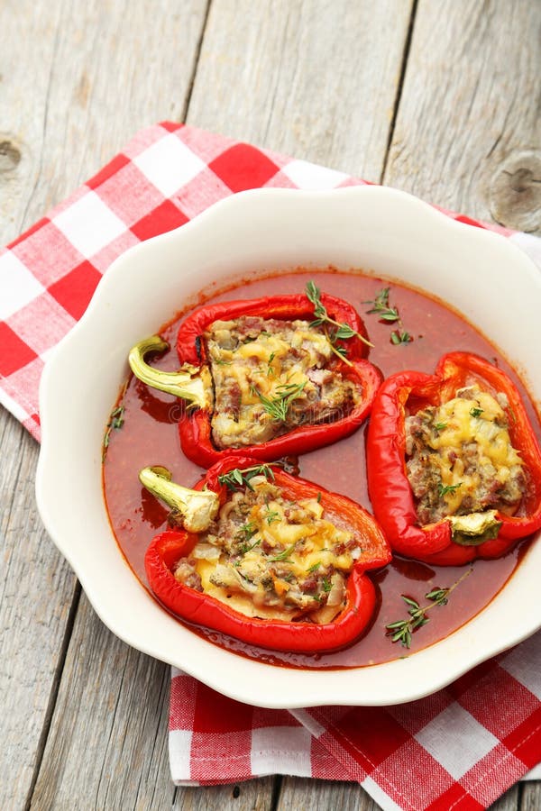 Red Peppers Stuffed with the Meat, Rice and Vegetables Stock Photo ...