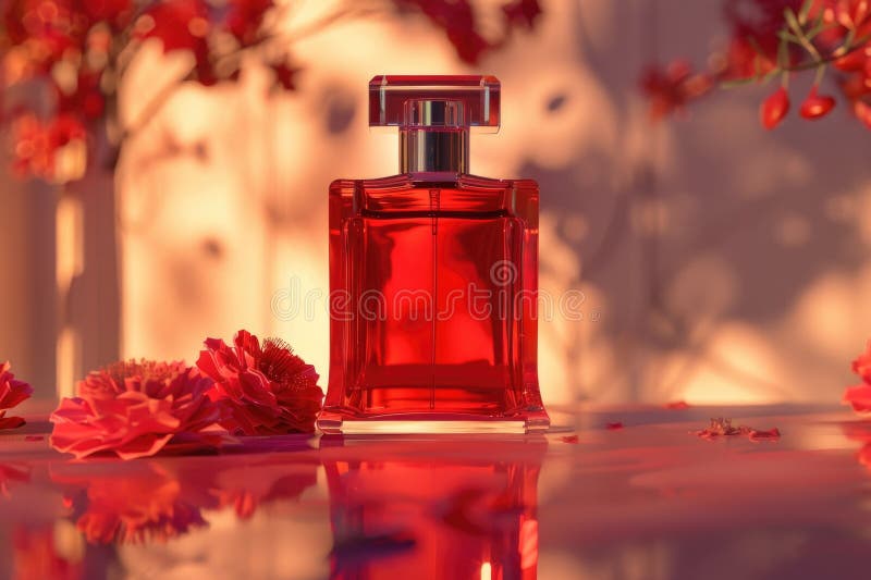 A Red Perfume Bottle Sits on a Table with a Simple Background, Great ...