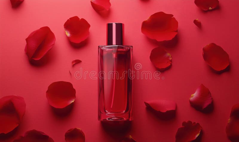 Red Perfume Bottle Surrounded by Rose Petals on Vibrant Red Background ...