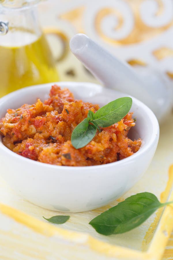 Red pesto stock image. Image of bowl, basil, leaf, pesto - 26389461