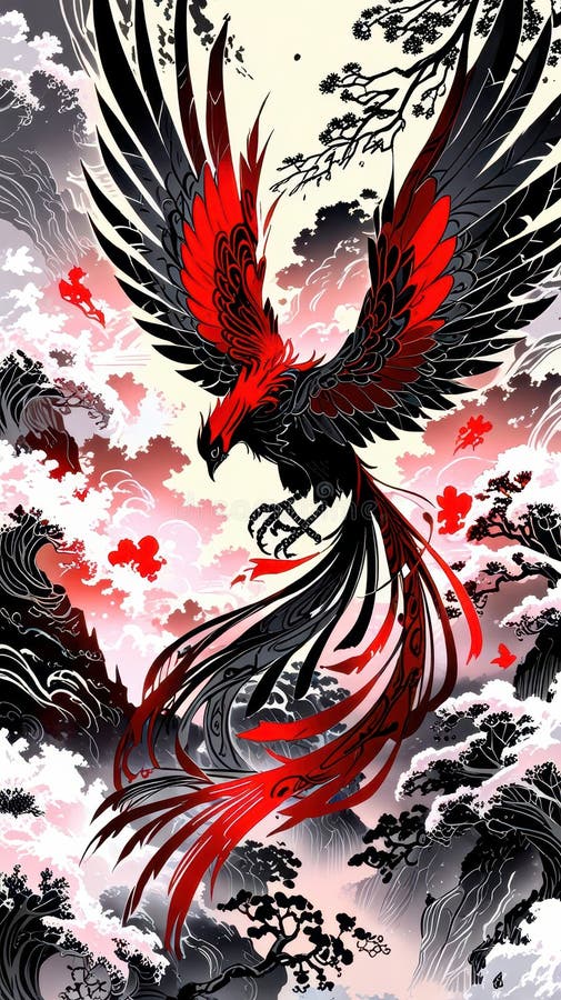 Red Pheonix with Japanese Style Illustration Stock Image - Image of ...