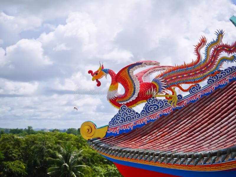Red Phoenix Bird on the Roof in Chinese Temple Stock Image - Image of ...
