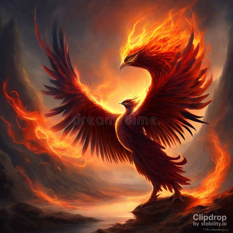 Red Phoenix with Fire and Flames and Cloudy Sky Stock Photo - Image of ...