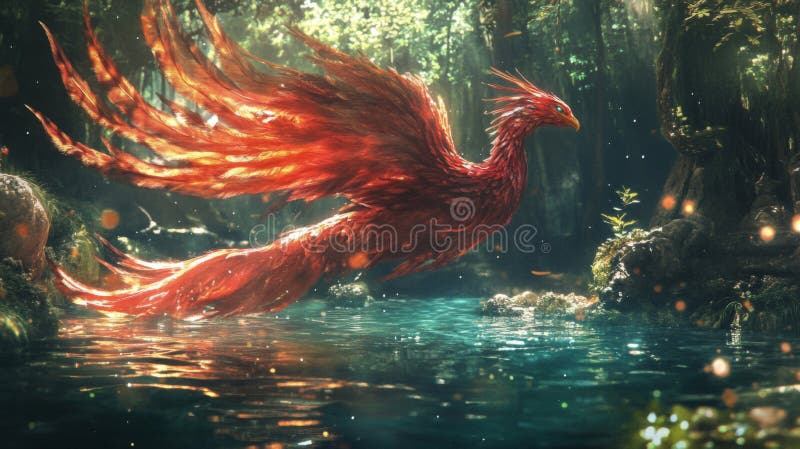 Red Phoenix Flying Over a Forest Stream Stock Illustration ...