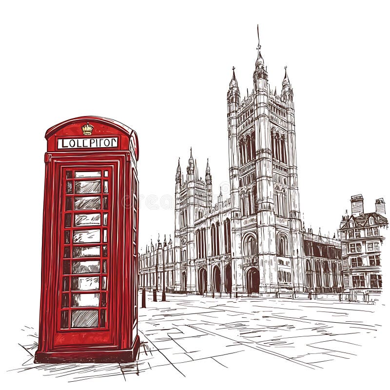 Red Phone Booth and Historic Building Sketch Stock Illustration ...