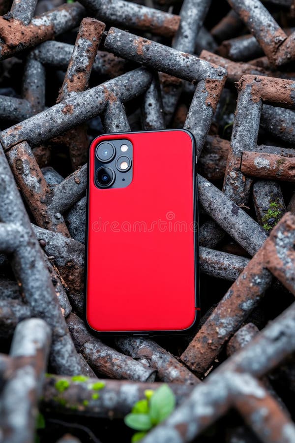 A Red Phone Sitting on Top of a Pile of Rusty Metal Stock Photo - Image ...