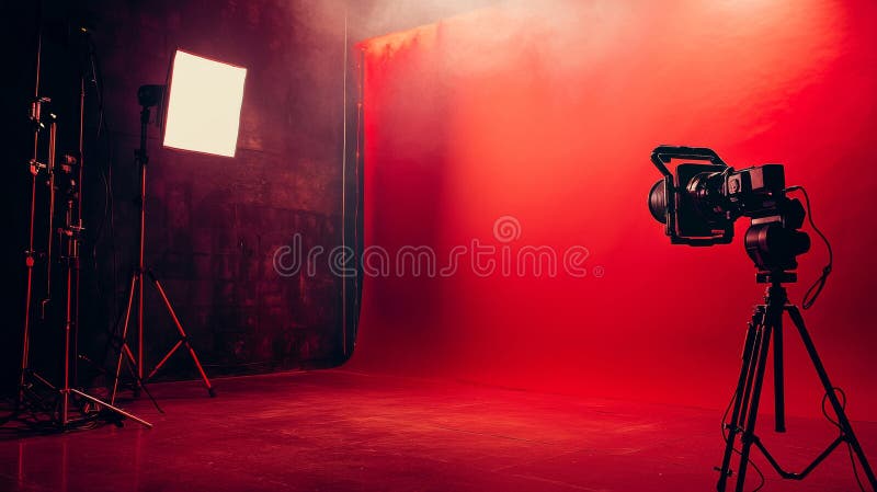 Red Photography Studio Setup with Camera and Lighting Equipment Stock ...
