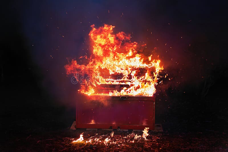 Red Piano in Orange Flame with Sparks Stock Image - Image of flame ...