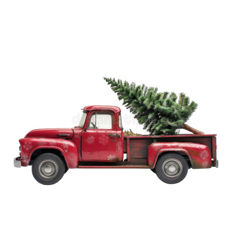 Red Pickup Truck Carrying a Christmas Tree Stock Image - Illustration ...