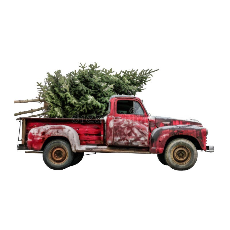 Red Pickup Truck Carrying a Christmas Tree Stock Image - Illustration ...
