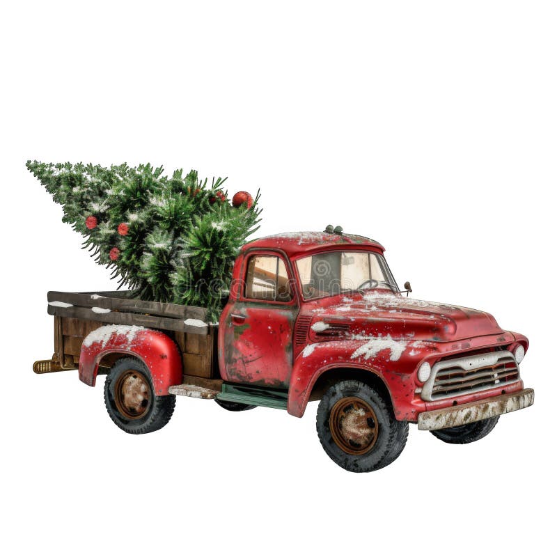 Red Pickup Truck with Christmas Tree in the Back Stock Illustration ...