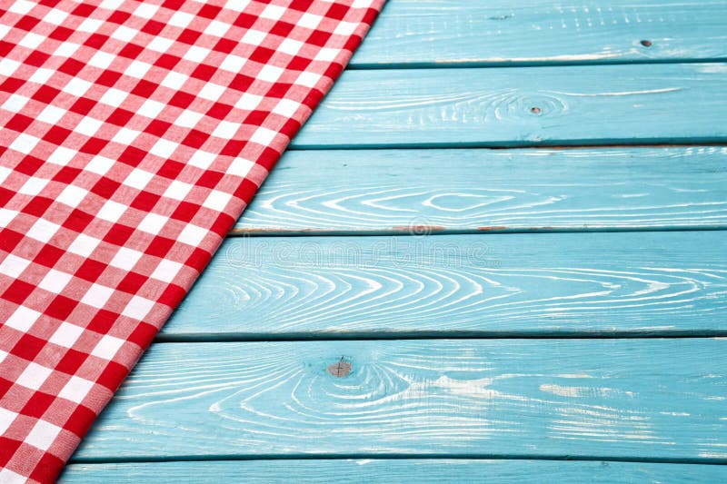 Red Picnic Cloth on Blue Wood Table Stock Illustration - Illustration ...