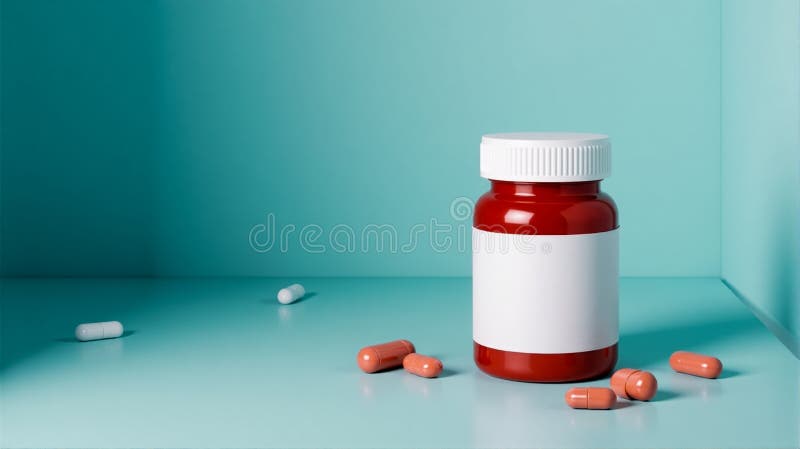 Red Pill Bottle with Blank Label on Turquoise Surface Surrounded by ...