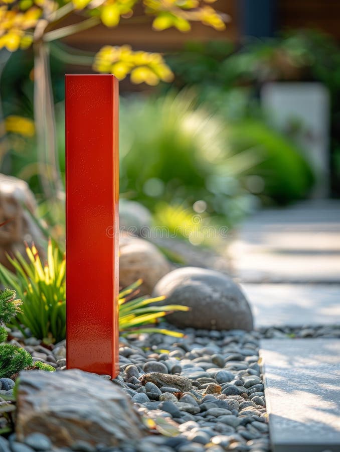 A Red Pillar in a Garden with Rocks, Pebbles, and Lush Greenery. Stock ...