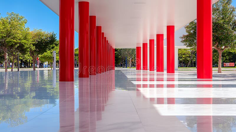 Red Pillars and White Architectural Design with Reflection Under a ...