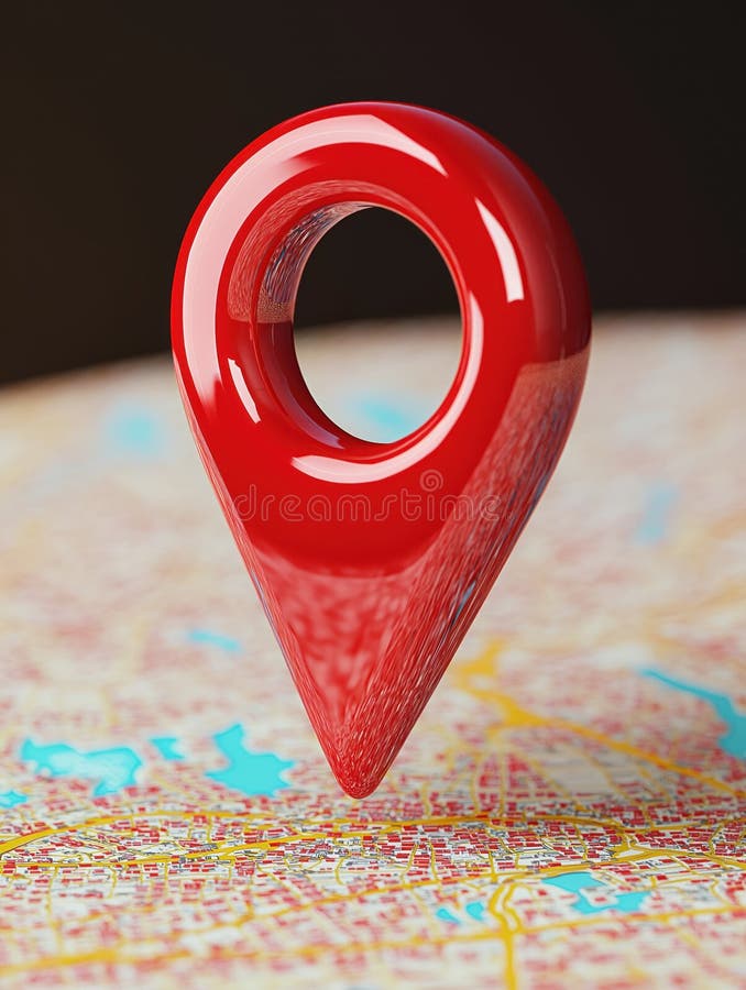 Red Pin with Circular Hole on City Map. 3D Marker with Metallic Steel ...