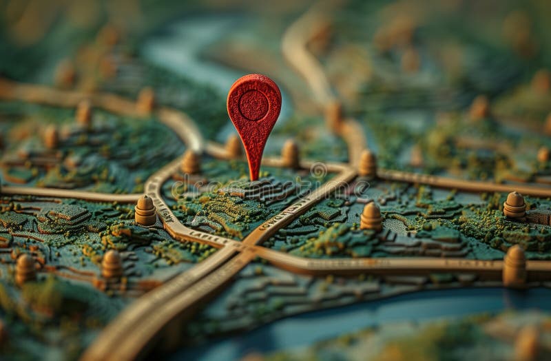 Red Pin Marks Location on Map in Grassy Landscape Stock Image - Image ...