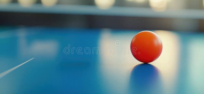 Red Ping Pong Ball on Blue Table Surface with Blurred Background Lights ...