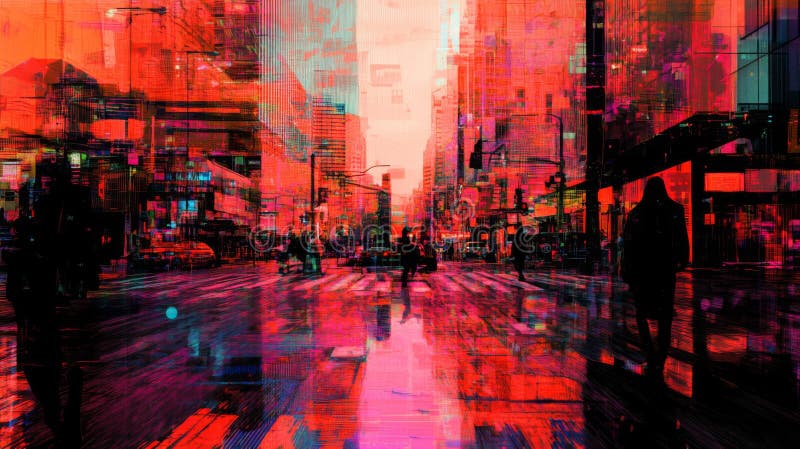 Red and Pink Glitch Art Cityscape at Night Stock Illustration ...