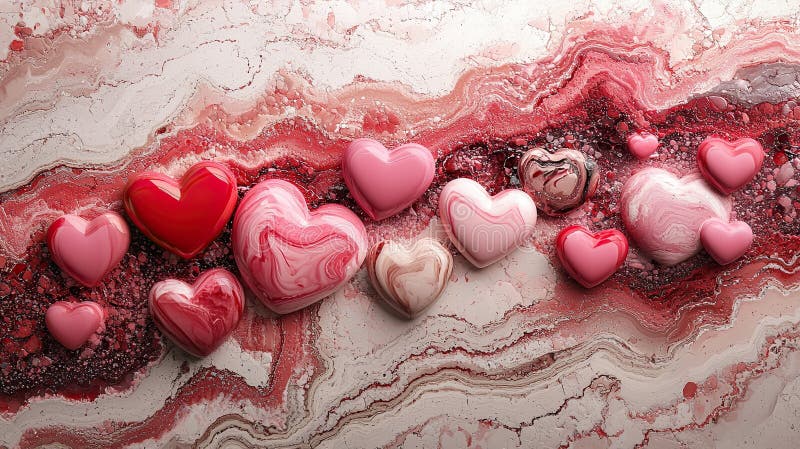 Red and Pink Hearts Cascading Down a Marble-textured Background Stock ...