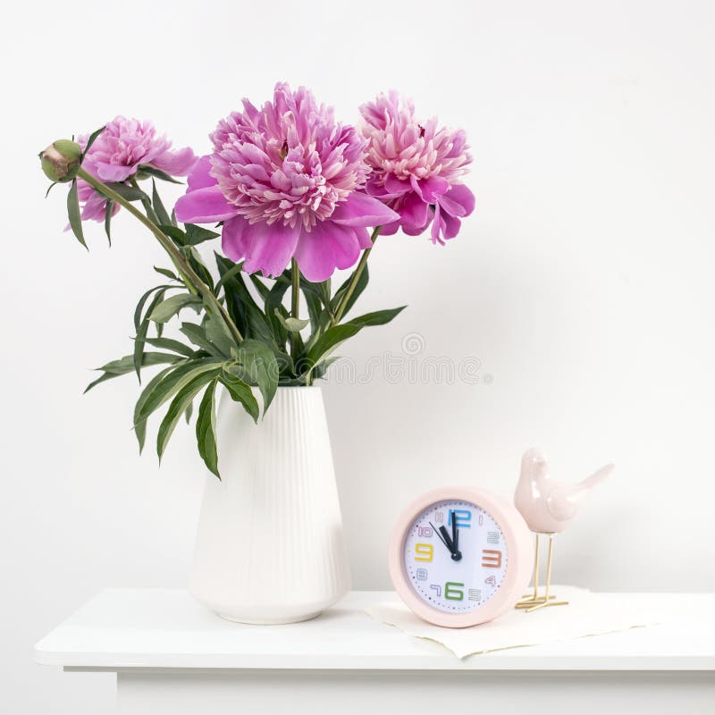 Red, Pink Peonies in White Vase on an Table Against a White Wall ...