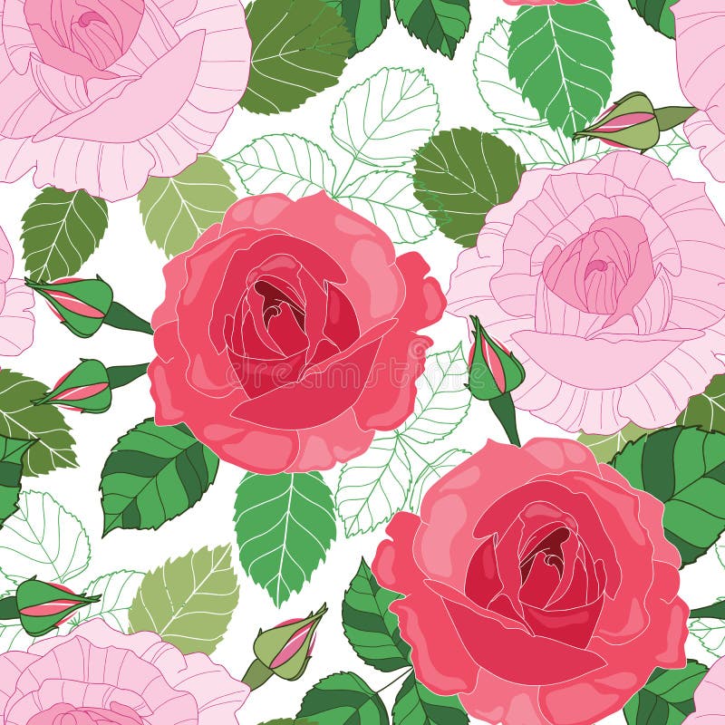 Red and Pink Roses with Leaves Seamless Pattern Stock Illustration ...