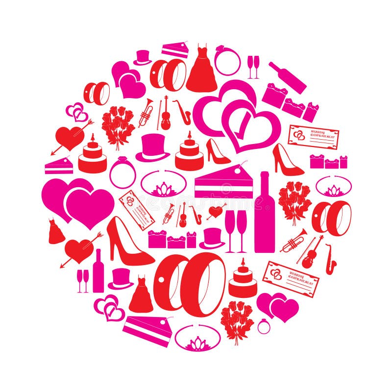 Red and Pink Simple Wedding Icons in Circle Stock Vector - Illustration ...