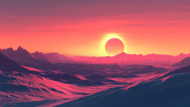 Red Pink Sunset Landscape with Annular Solar Eclipse Stock Illustration ...