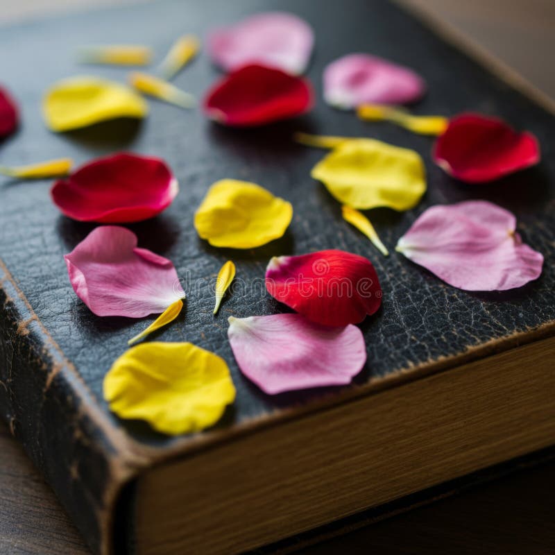 Red Pink Yellow Rose Petals on Old Book Stock Illustration ...