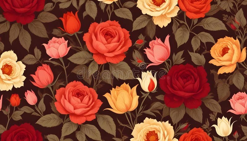 Vibrant Red, Pink, Yellow, and White Roses Floral Pattern on Dark Theme ...